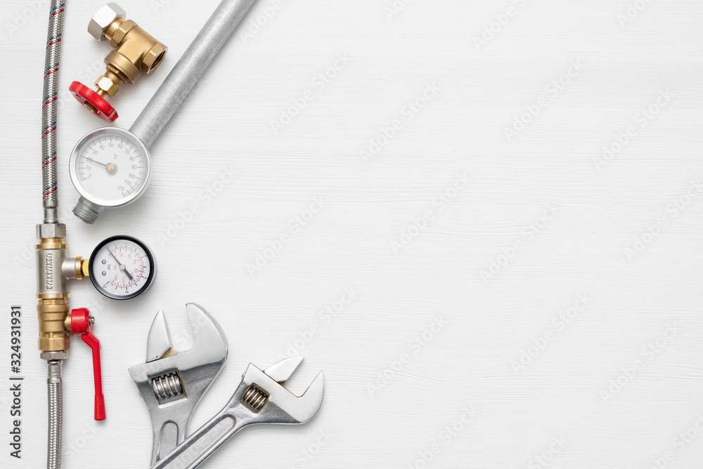 Plumbing flat lay concept background with copy space. Various water ...