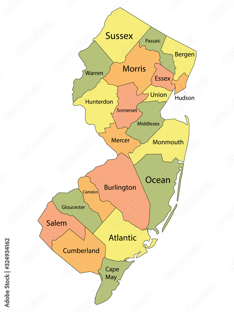 Colorful County Map With Counties Names of the US Federal State of New ...