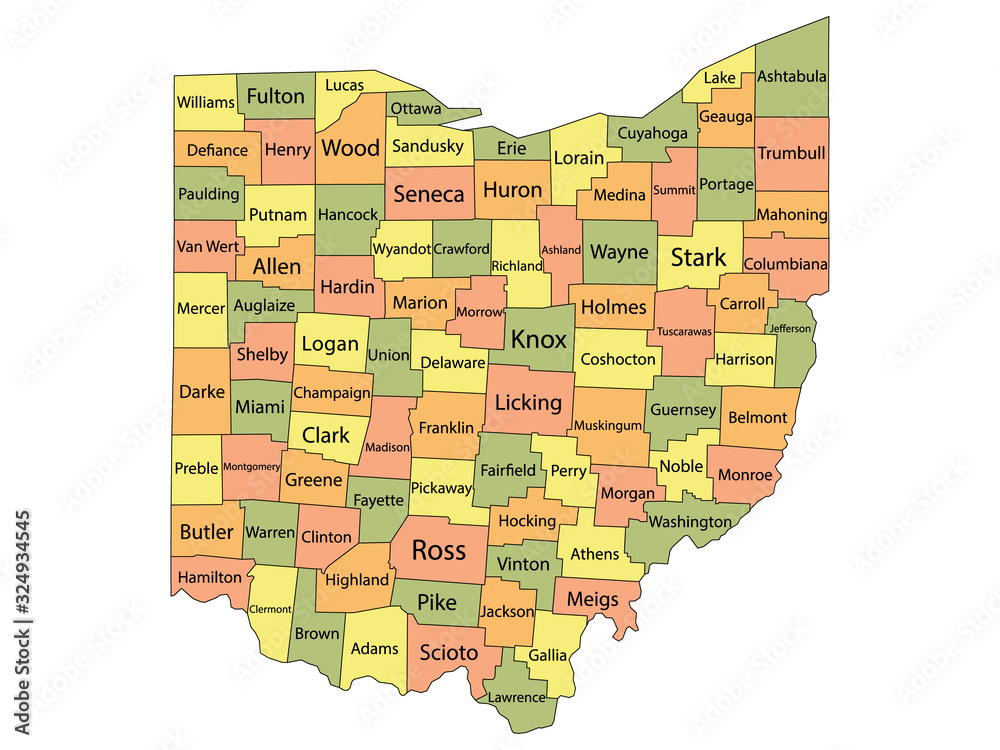 Colorful County Map With Counties Names of the US Federal State of Ohio ...