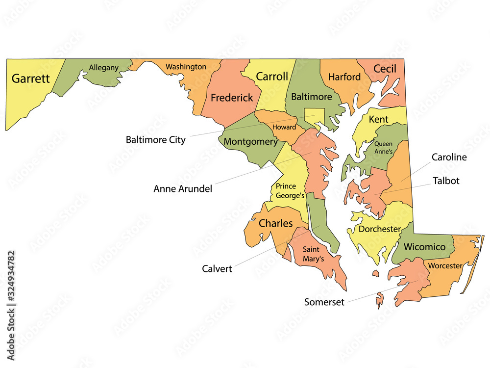 Colorful County Map With Counties Names of the US Federal State of ...