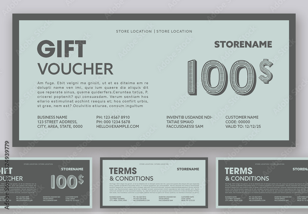 Light Teal and Gray Gift Voucher Layout Stock Template | Adobe Stock