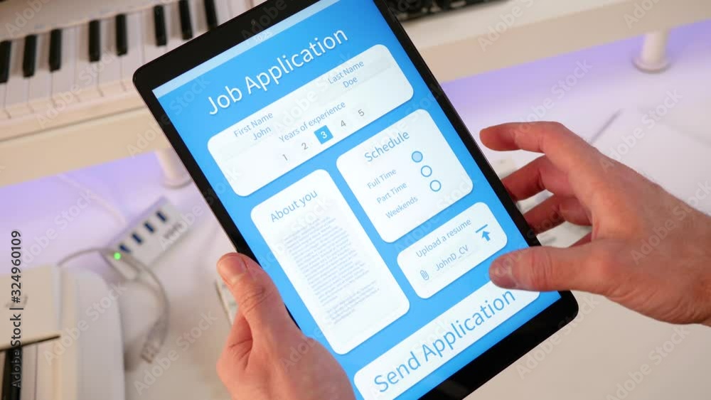 Submitting a job application online from a tablet screen. Stock Video ...