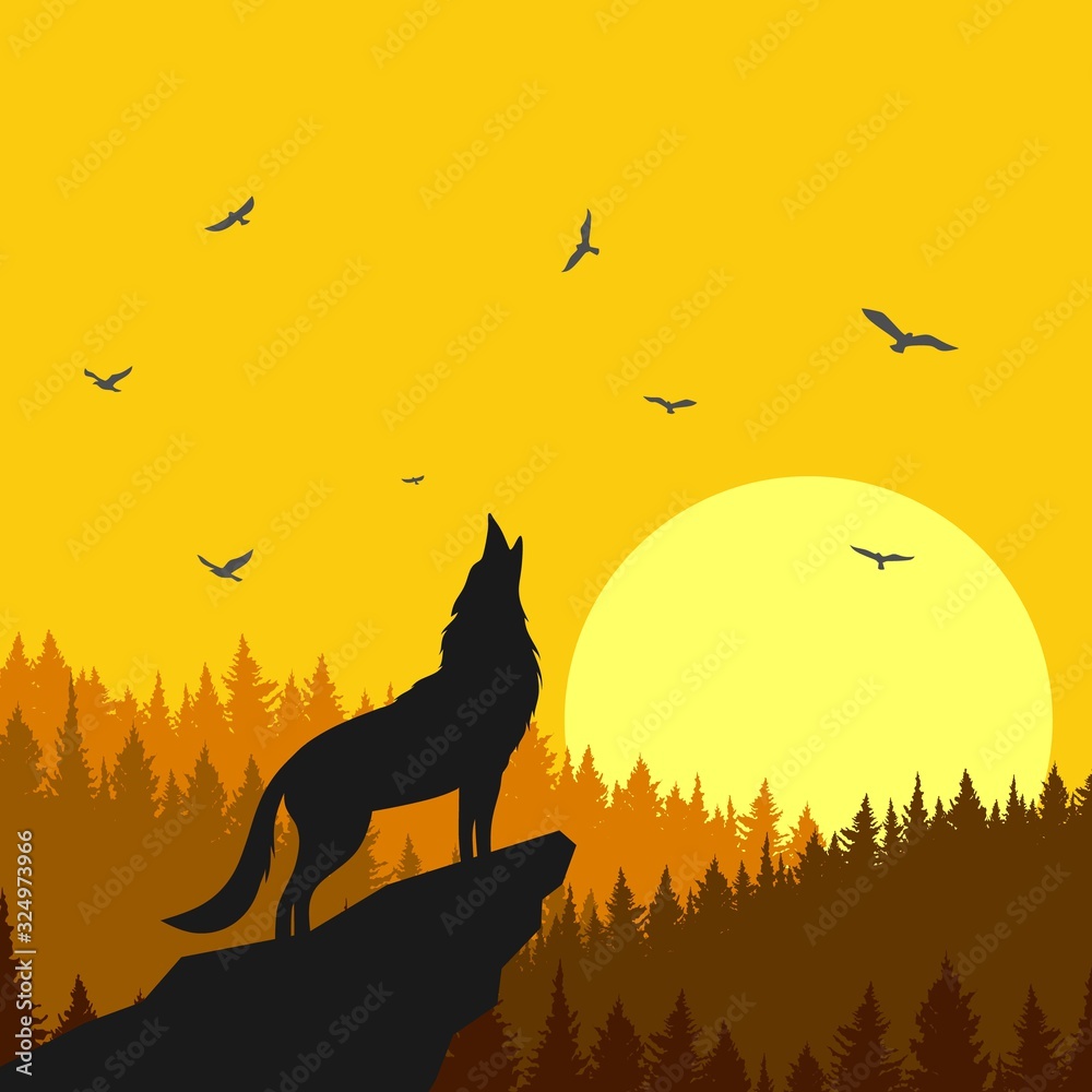 Vector illustration of a howling wolf standing on the hill with a ...