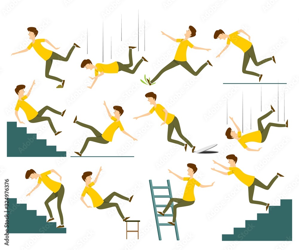Set of falling man isolated. Falling from chair accident, falling down ...