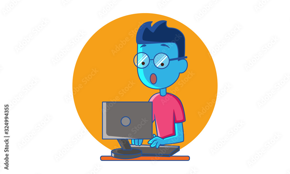 Vector cartoon illustration of surprised blue alien boy working on ...