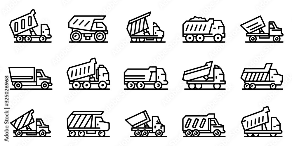 Tipper icons set. Outline set of tipper vector icons for web design ...