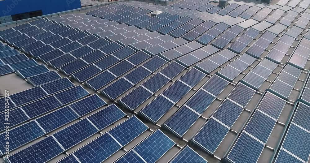 circular panorama of solar panels on factory roof, summer 2019 Stock ...