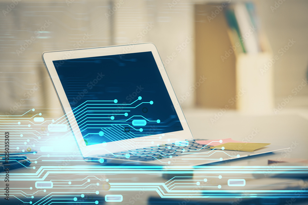 Technology theme drawing and work space with computer. Multi exposure ...