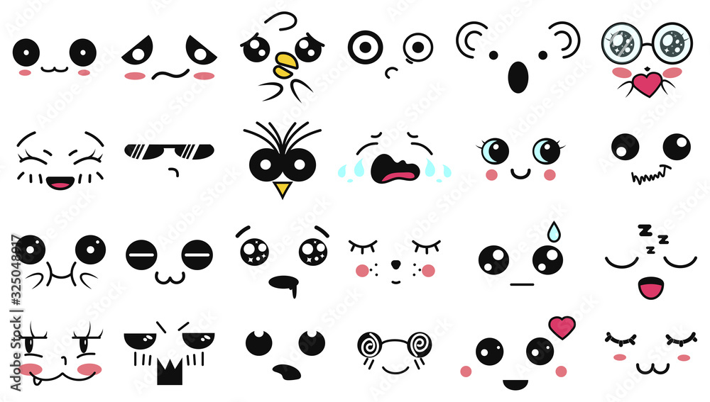 Kawaii cute faces. Funny cartoon japanese emoticon in in different ...