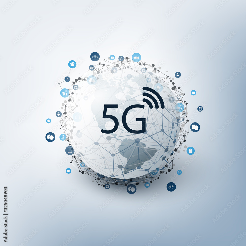 5G Network Label with Icons Representing Various Kind of Devices and ...