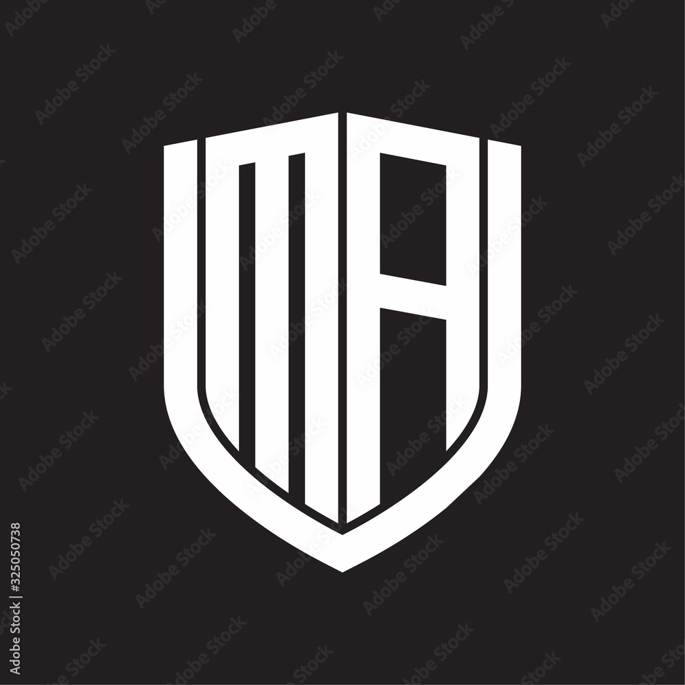 MA Logo monogram with emblem shield design isolated on black background ...