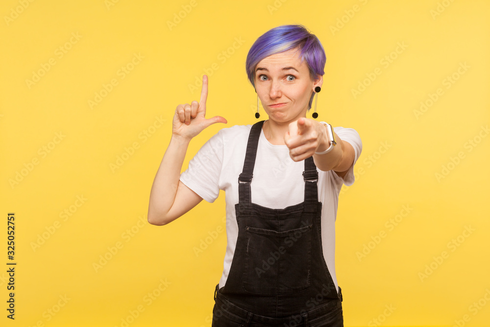 You are loser! Portrait of hipster girl with violet short hair in denim ...