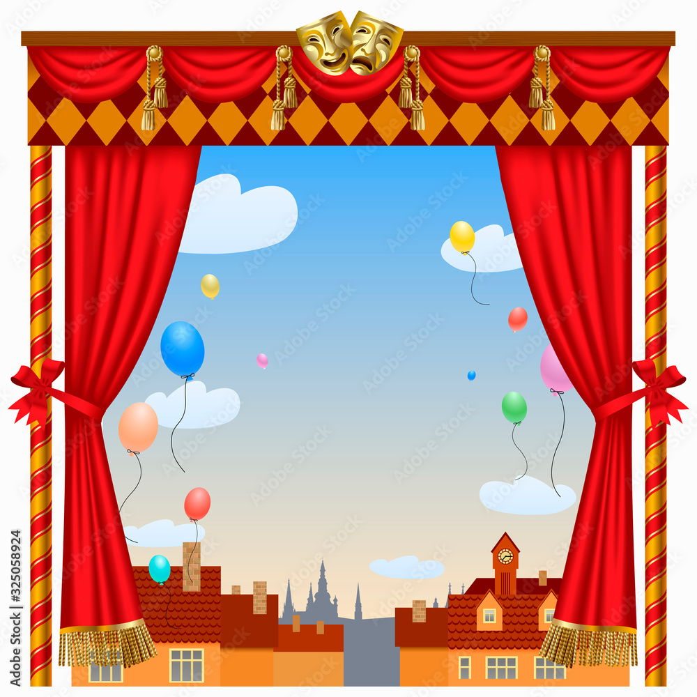 Puppet show booth with theater masks, red curtain Stock Vector | Adobe ...