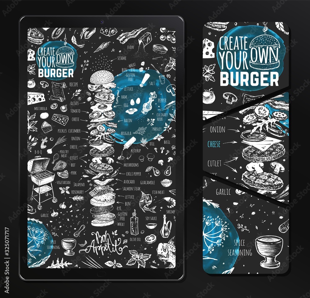 Burger menu design template on tablet screen for restaurant and cafe ...