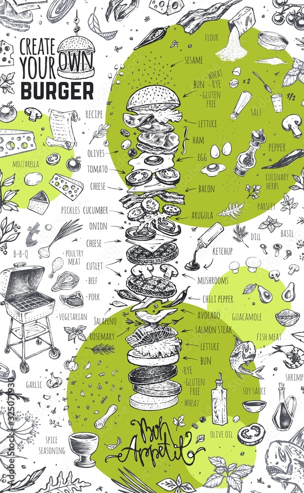 Burger menu design template for restaurant and cafe. Vintage hand drawn ...