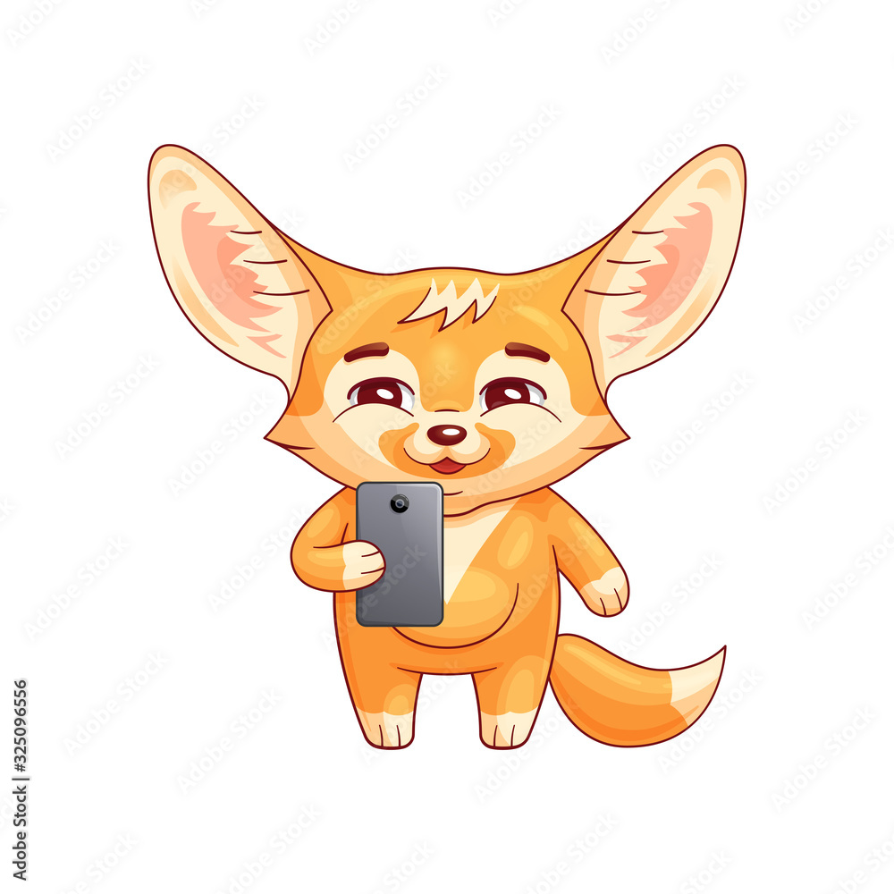 Cute fennec fox with smile speaking or making selfie on smartphone ...