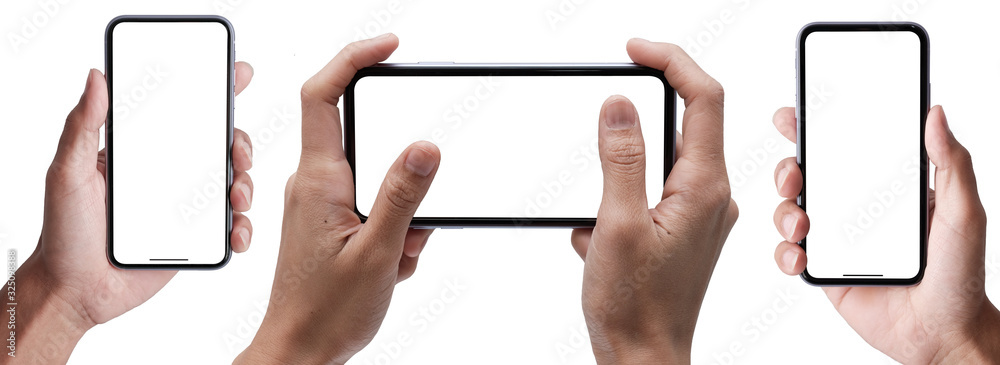 Hand holding the black smartphone iphone with blank screen and modern ...