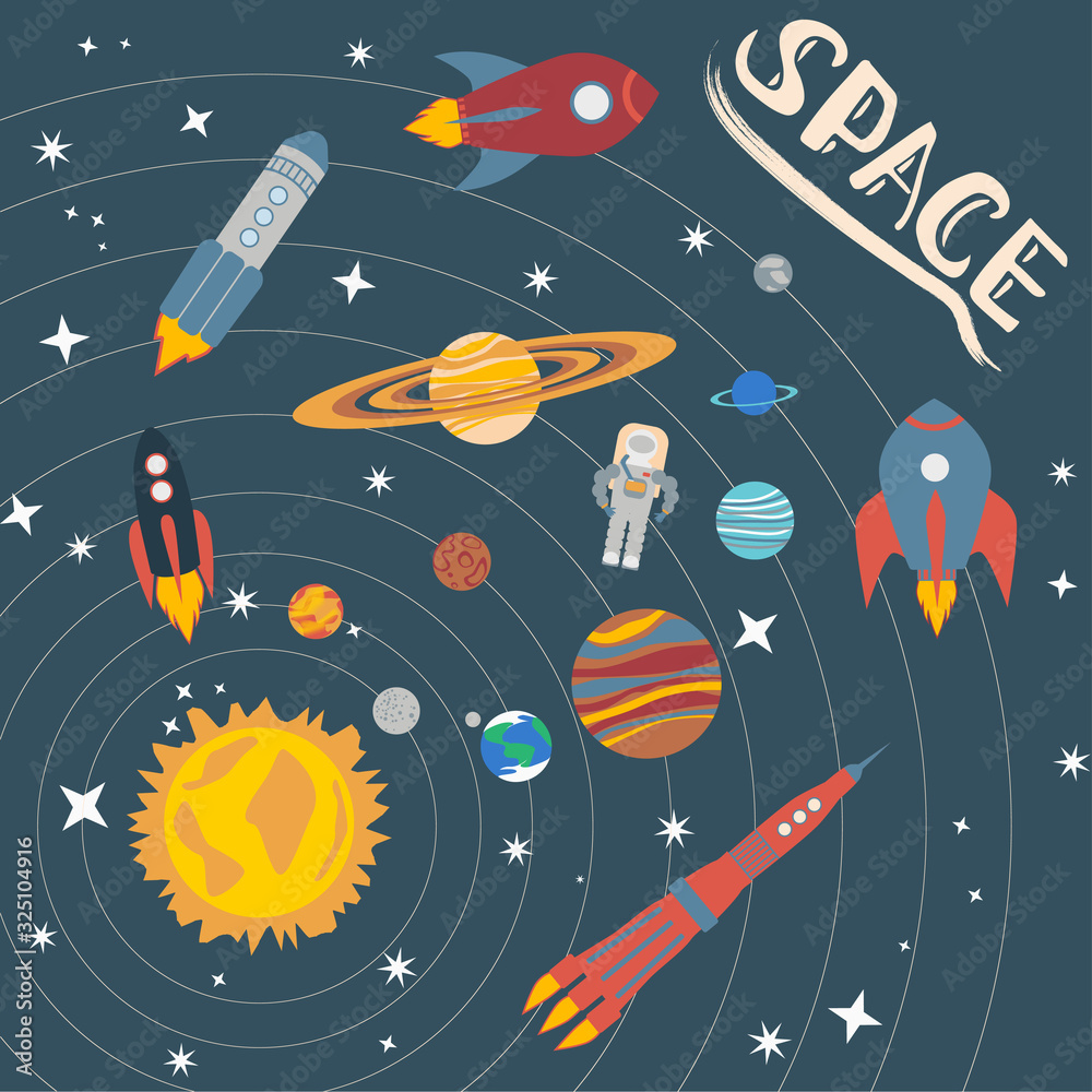The composition of the solar system, planets and rockets. Space design ...