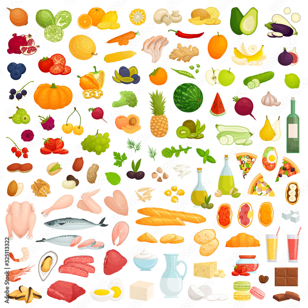 Set of various food. A collection of fruits, vegetables, meat, fish ...