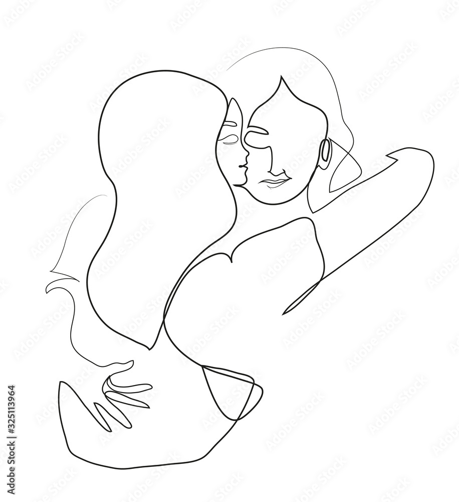 continuous line drawing of women friends hugging each other illustraton ...
