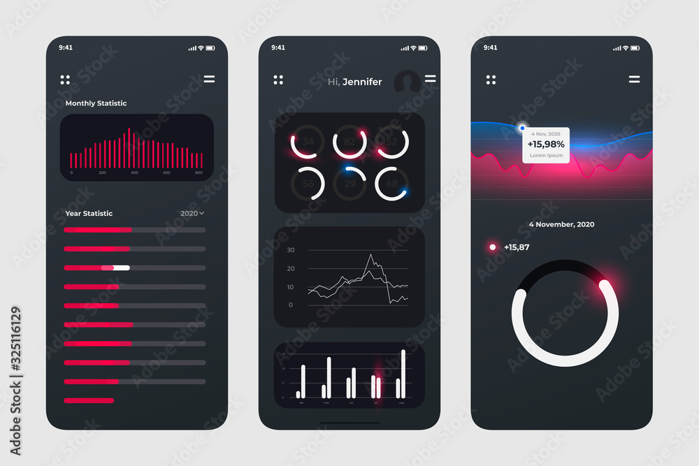 Dark theme mobile app template. Data analysis hud elements, ser ...