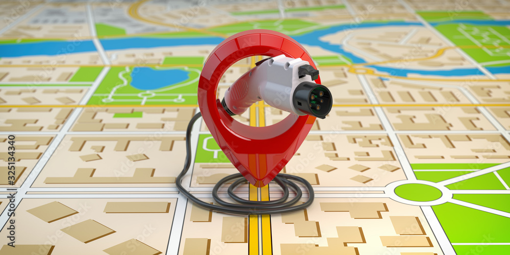Electric car charging point location. Car charger power plug with pin ...