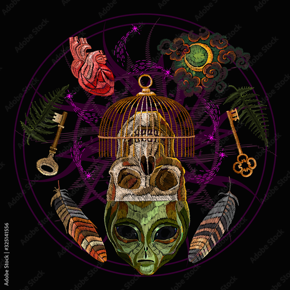 Alchemy concept. Embroidery. Alien head, skull, golden cage, fern, key ...