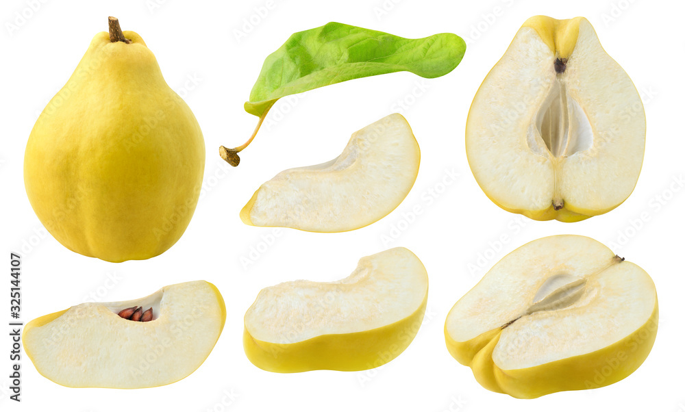 Isolated cut quince collection. Whole quince fruit and pieces of ...