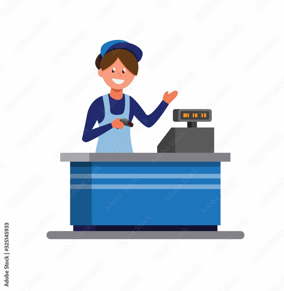 groceries woman cashier in uniform and apron stands behind cash desk ...
