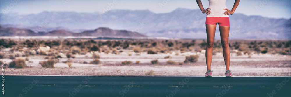 Runner athlete woman standing by trail road landscape banner panoramic ...