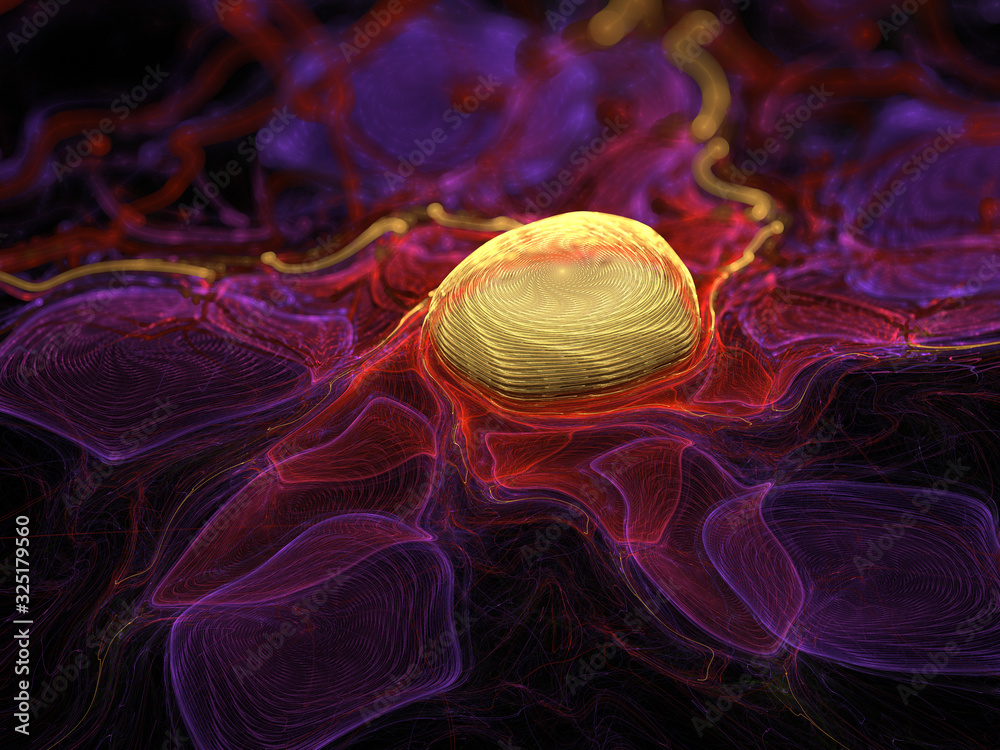 3D illustration - microscopic cells, cellular view intertwined strings ...
