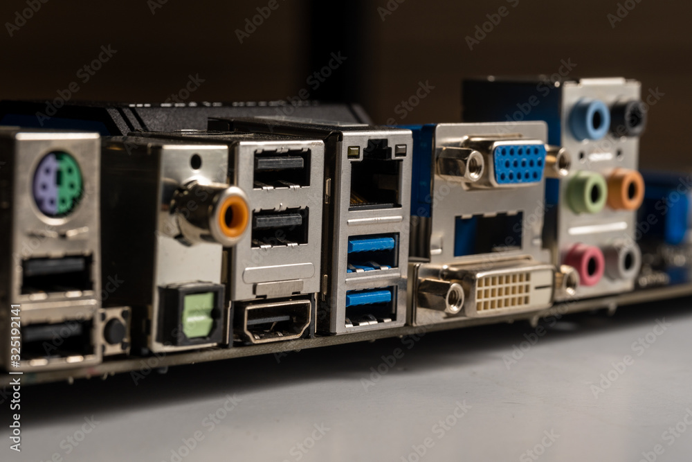 connectors on the back of the computer motherboard, usb hdmi lan Stock ...