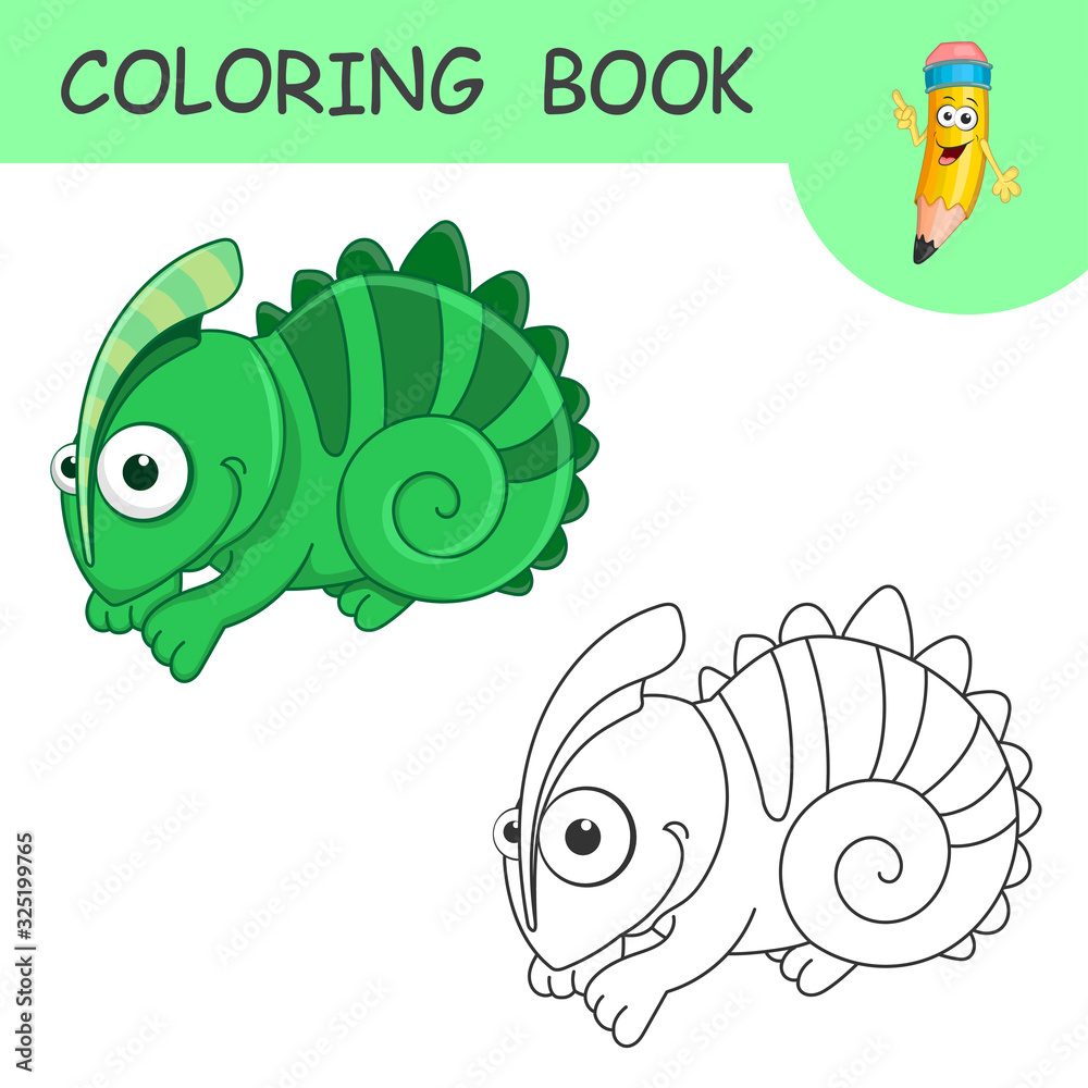 Coloring Cute Cartoon Chameleon. Coloring book or page cartoon of funny ...