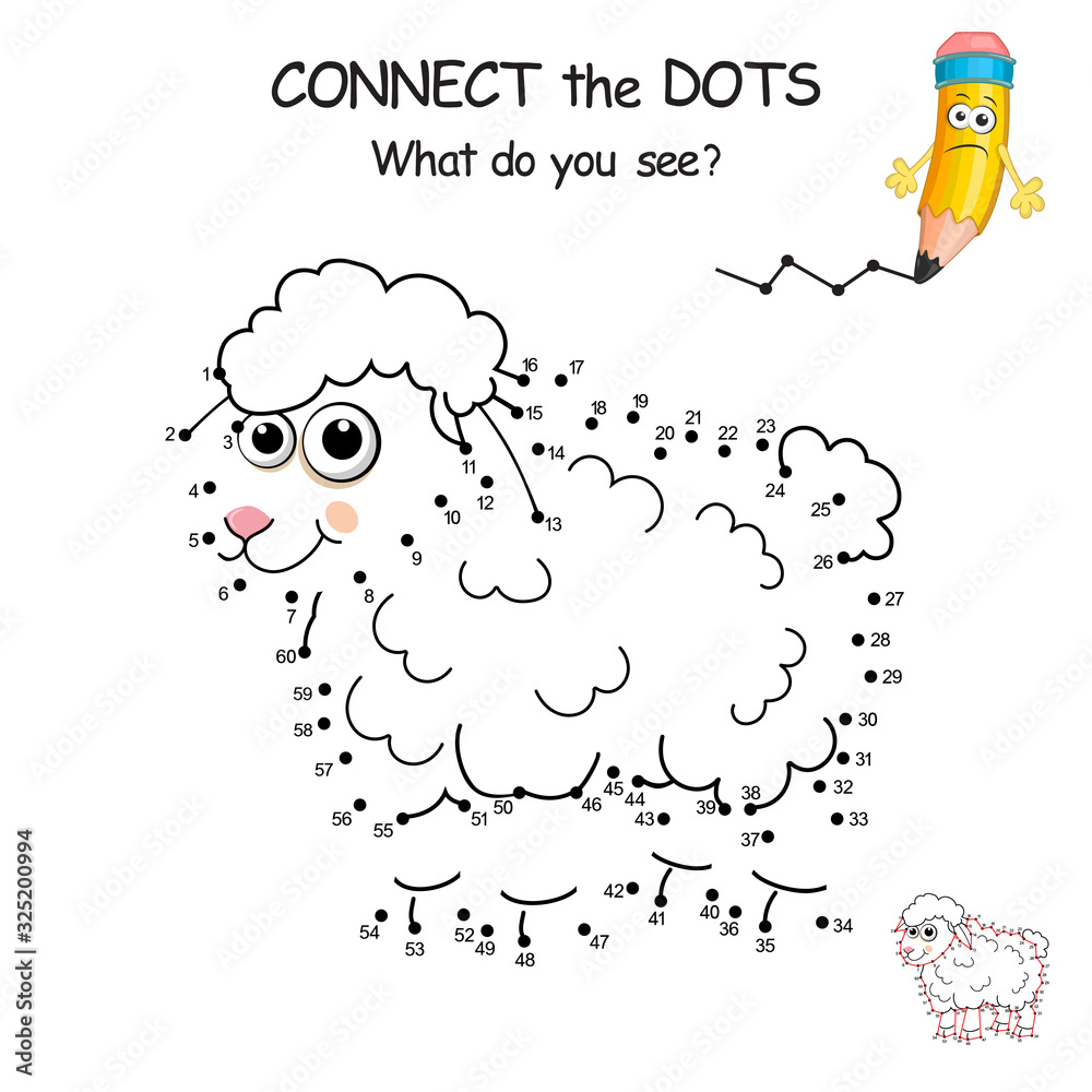 Dot to dot Sheep. Connect all dots and you see which animal is hidden on the picture. Join the ...