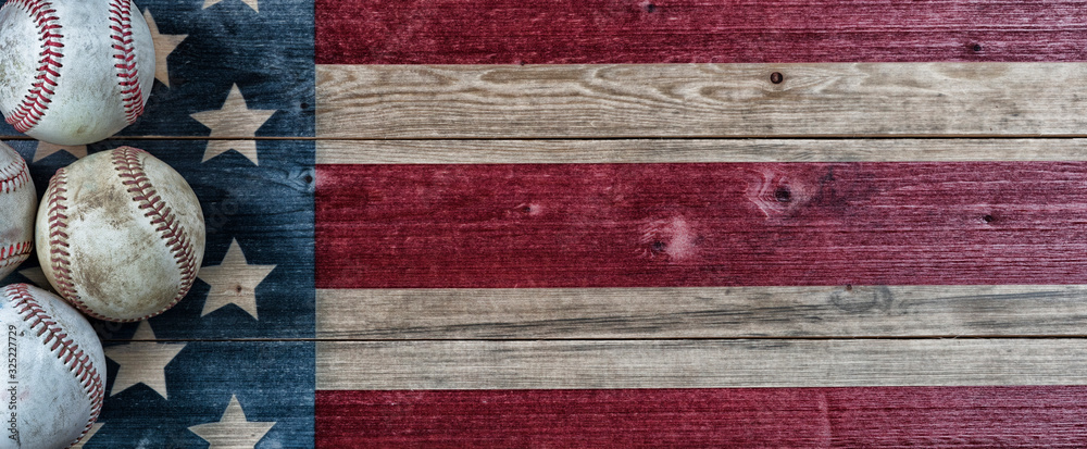 Old baseballs on vintage wooden USA Flag background with copy space ...