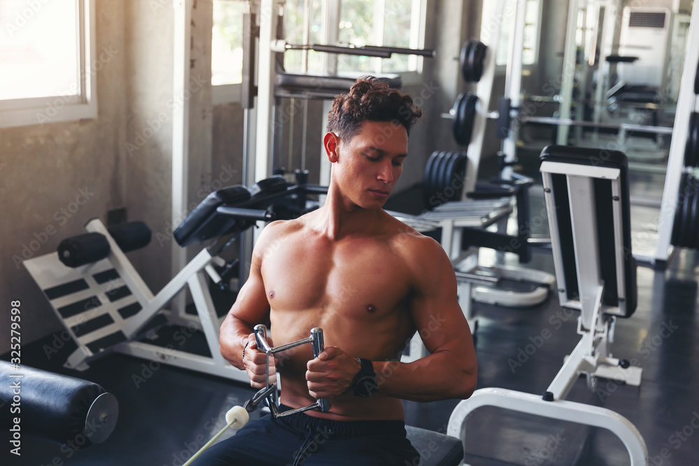 Handsome Muscular Fitness man in the gym, training hard and pulling ...