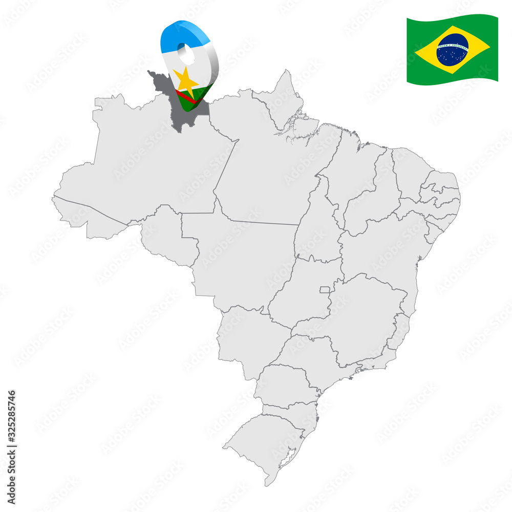 Location of Roraima on map Brazil. 3d Roraima location sign similar to the flag of Roraima ...