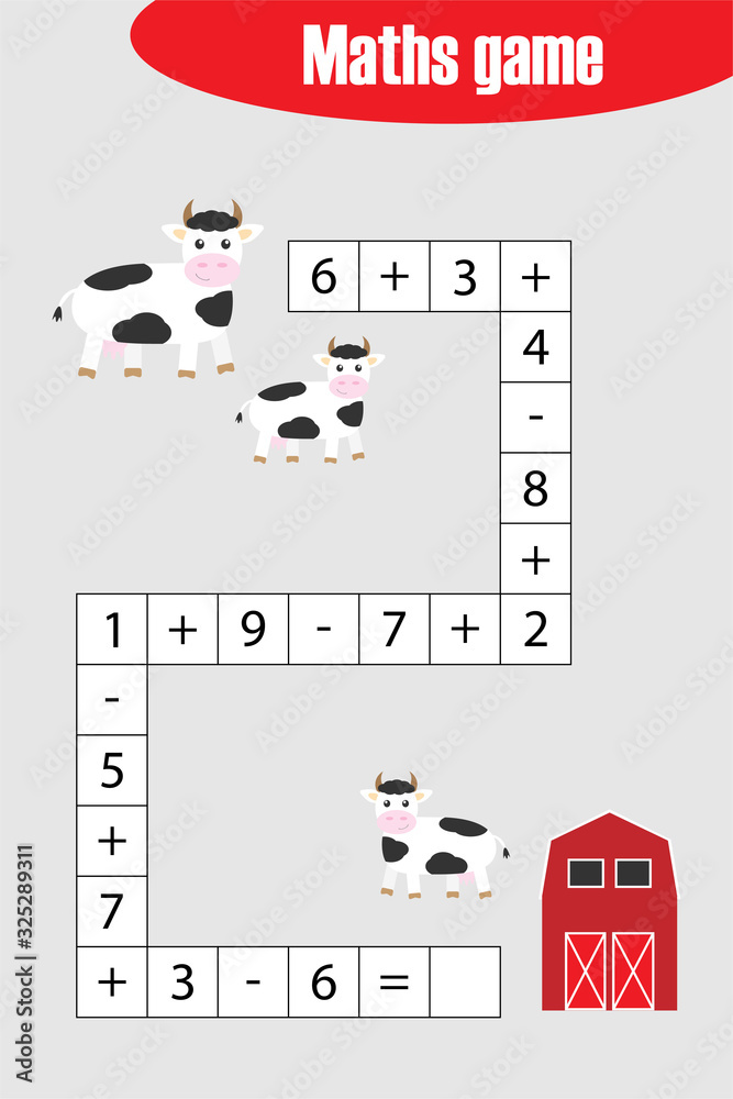 Maths chain game with cows for children, education game for kids ...