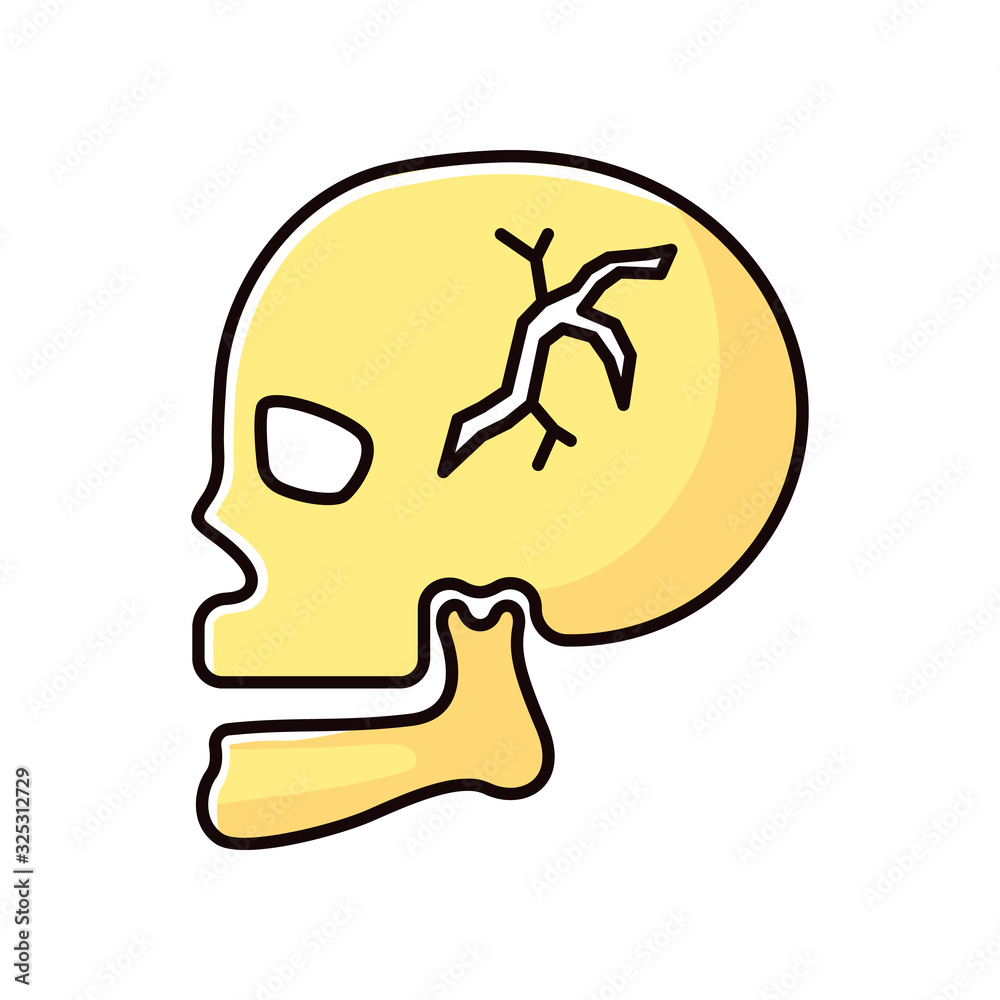 Skull fracture RGB color icon. Cranial bone break. Dangerous head ...