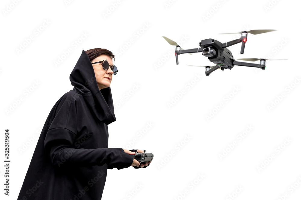 female spy in black clothes and round glasses with a drone isolated on ...