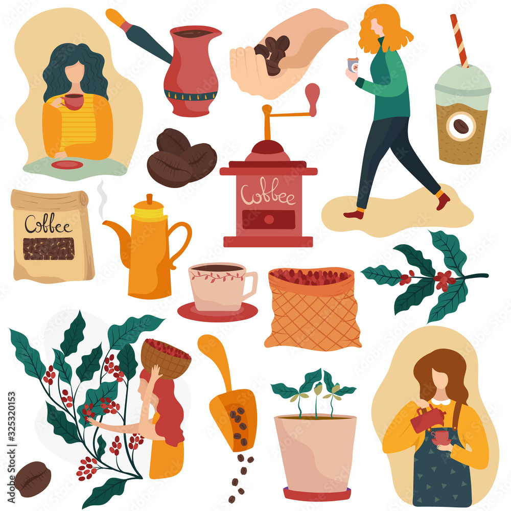 Coffee making process, isolated icons vector illustrations. Set of ...