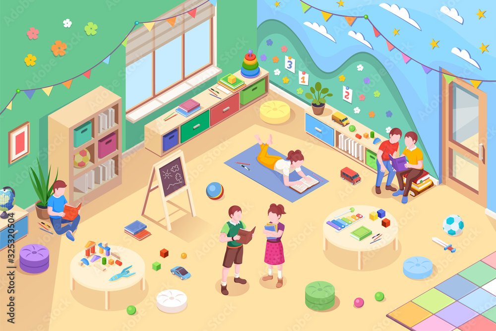 Children at kindergarten reading books. Isometric vector playroom with ...