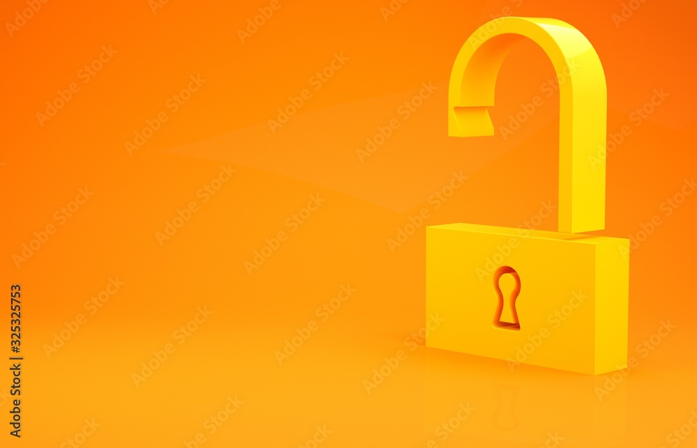 Yellow Open padlock icon isolated on orange background. Opened lock ...