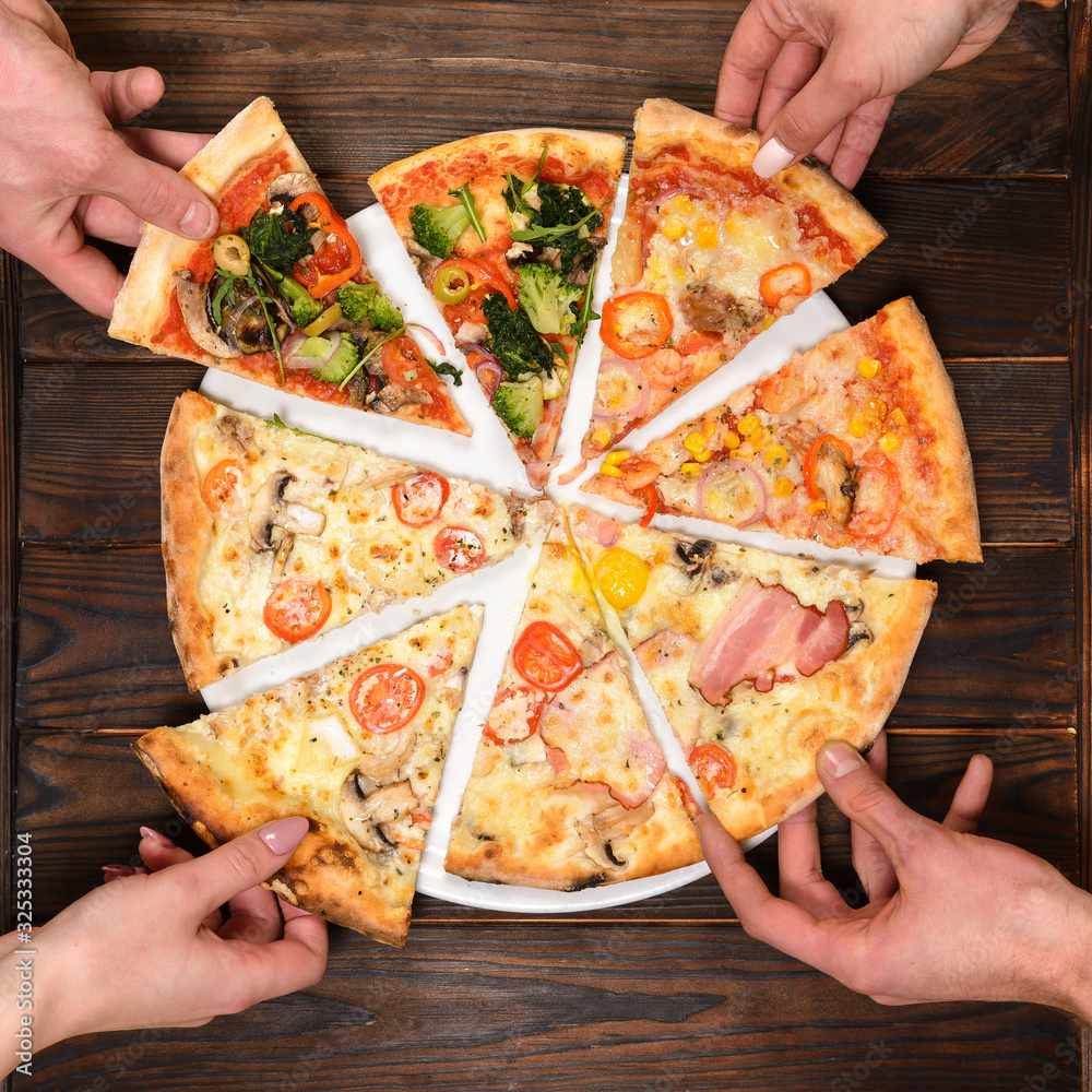 Pizza from different parts and the hands that take it to enjoy its ...