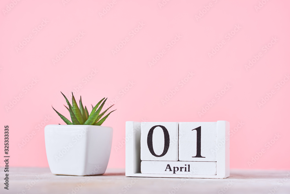 Wooden blocks calendar with date 1st april and plant on the pink ...