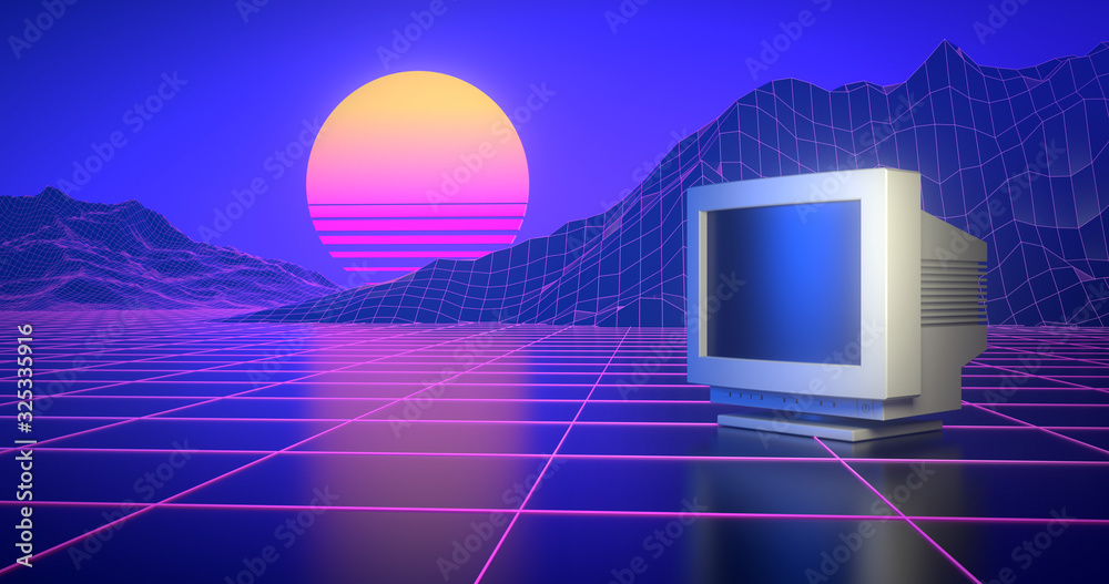 synthwave wireframe 80s retro background.Retrowave horizon landscape with neon lights and low ...