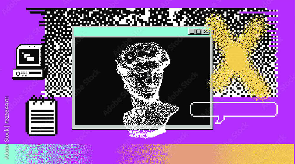 Pixel art ilustration with retro 80's UI and UX elements. Vaporwave and ...