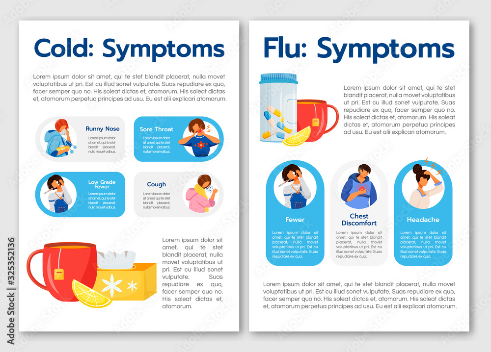 Common cold and flu virus symptoms flat vector brochure template. Flyer, booklet, printable ...