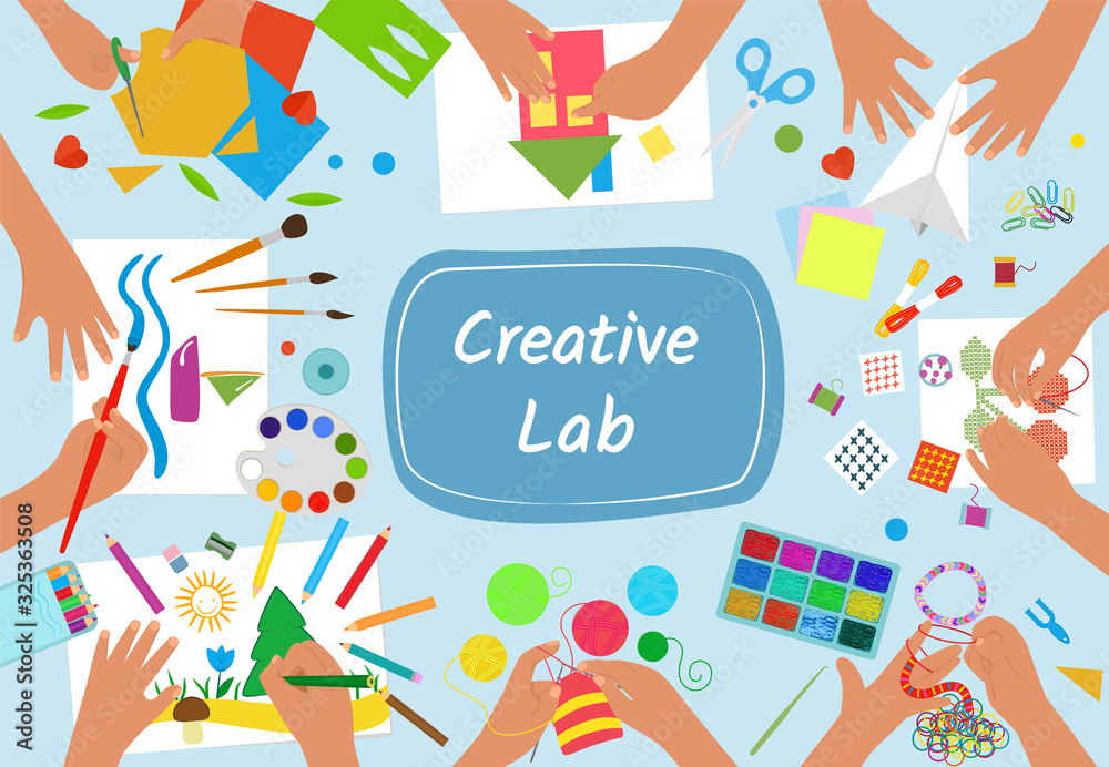 Hands creating handmade work, embroidery, drawing, knitting and ...