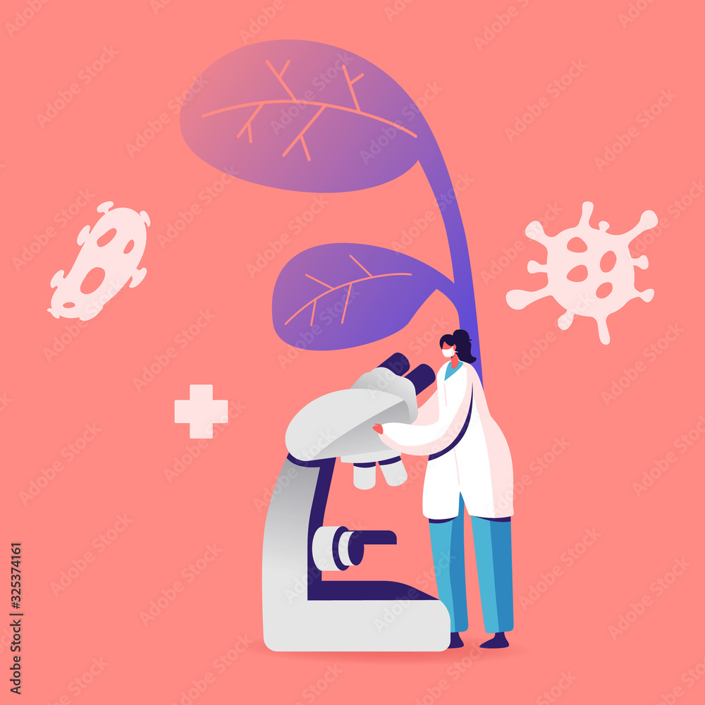 Female Doctor in White Medical Robe Look in Electronic Microscope with ...